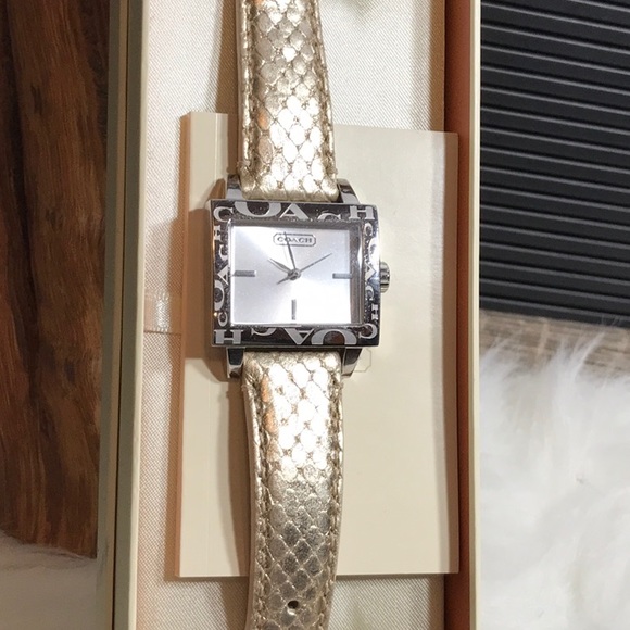 Coach | Accessories | Coach Gold Python Leather Square Face Wrist Watch ...
